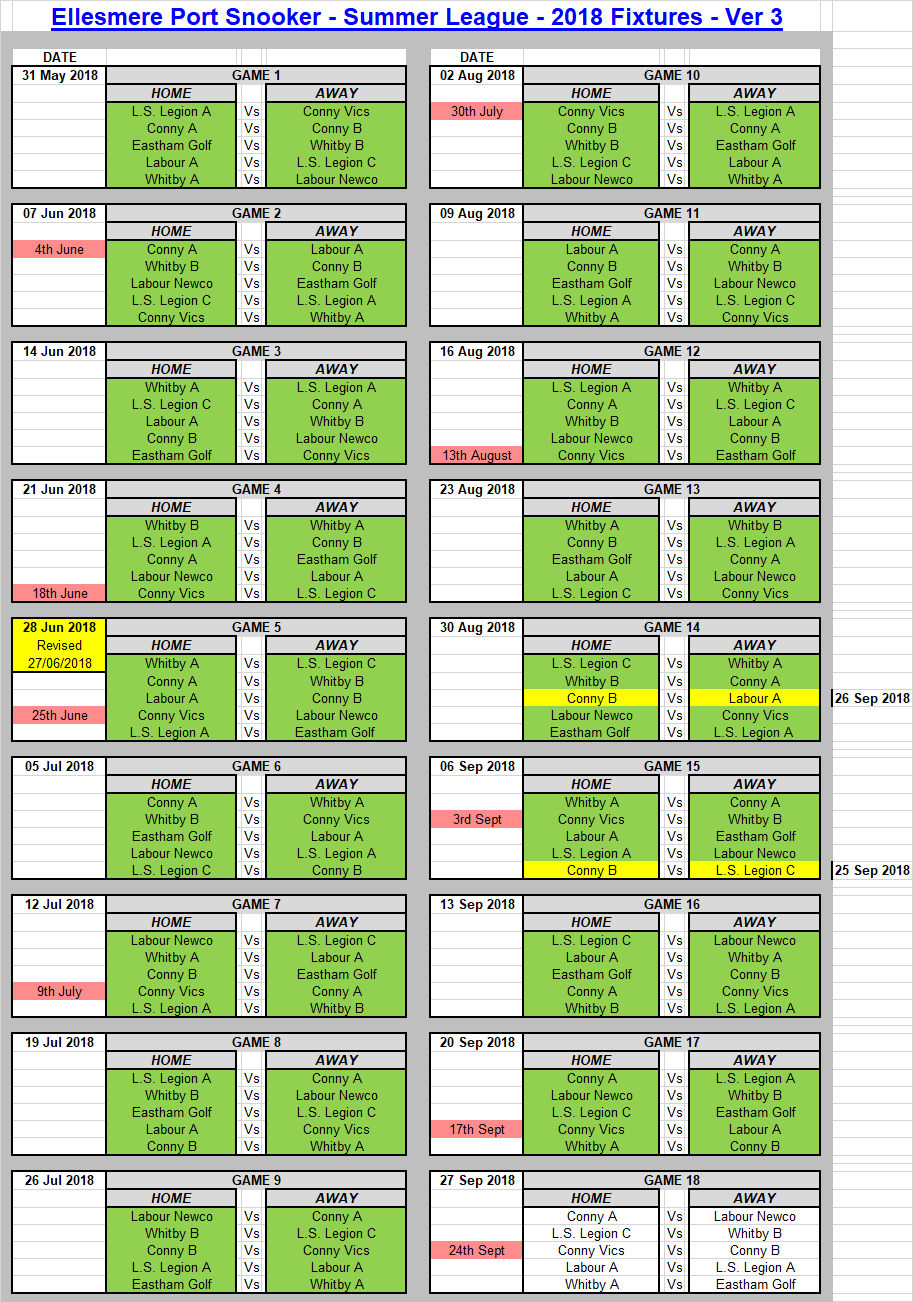 Summer 2018 Fixtures – Ellesmere Port Snooker
