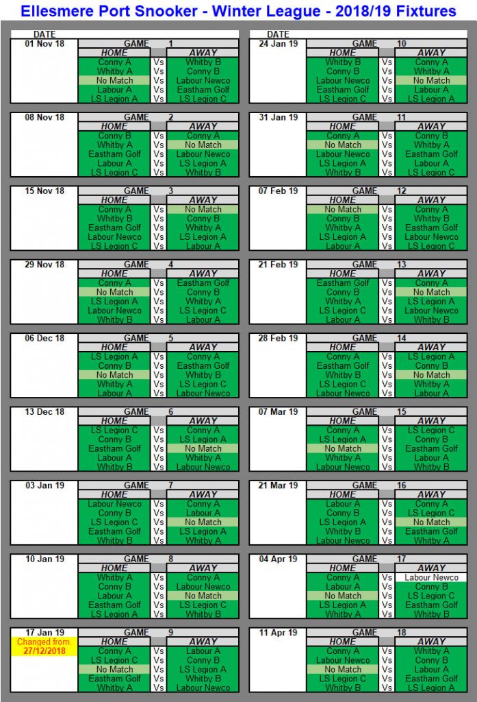 Winter 2018-2019 Fixtures – Ellesmere Port Snooker